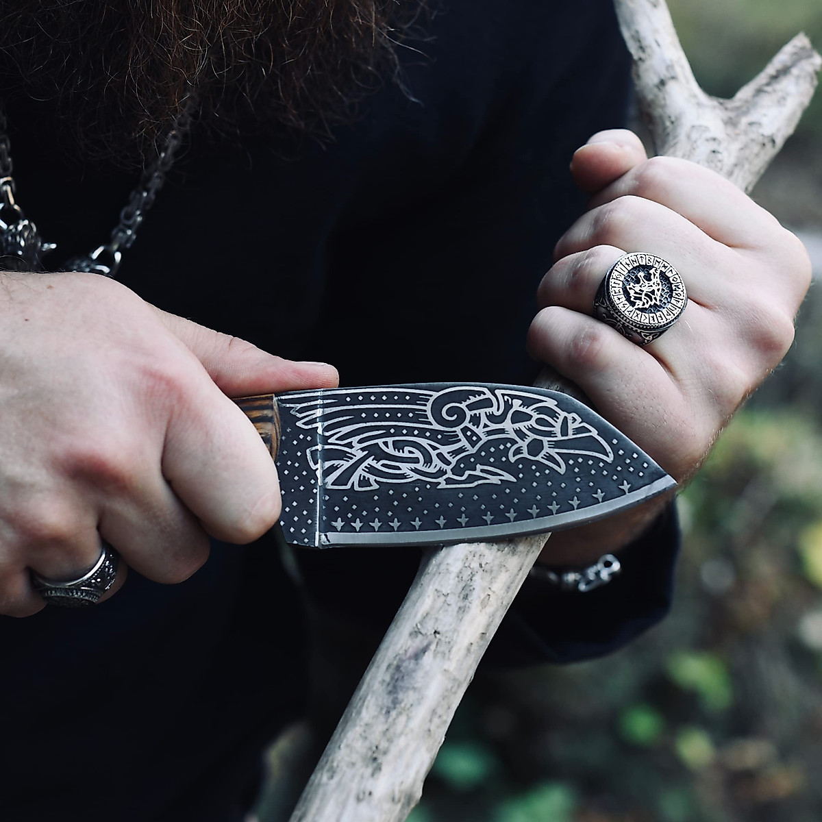 VikingsBrand Norse Viking-styled Knife - Huginn & Muninn Hand Forged Knife with Raven Engraving, Ergonomic Ash Wood Handle & Genuine Leather Sheath Holder - 4.7" Long Blade, 4.3" Handle