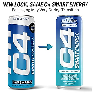 C4 Smart Energy Drink – Boost Focus and Energy with Zero Sugar, Natural Energy, and Nootropics - 200mg Caffeine - Blue Raspberry (12oz Pack of 12)