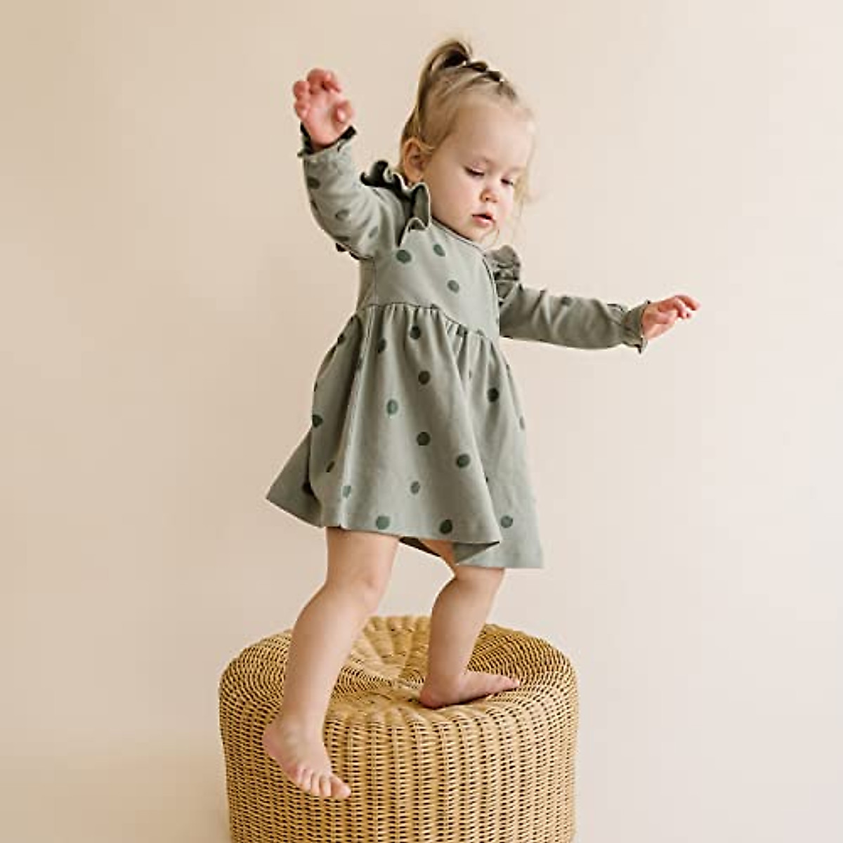 MakeMake Organics GOTS Organic Cotton Dress Girls Twirly Ruffle Dress Long Sleeve Fall Party Holiday Dinner Toddler Girls (Olive Dots, 2-3T)