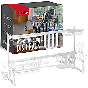 Kitchen Lux Over The Sink Dish Drying Rack - Kitchen Counter Dishes Drainer and Hanging Storage Organizer for Single, Wide, Double Sinks - Space Saving Design, Utensil Holder, Hooks Plate & Cup Rack