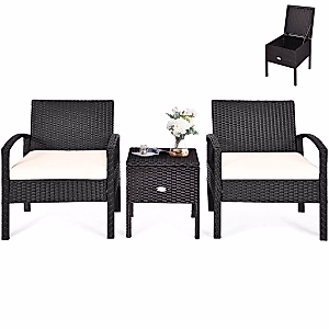 HAPPYGRILL 3 Pieces Patio Furniture Set Rattan Wicker Sofa Set with Removable Cushions and Coffee Table, Outdoor Conversation Bistro Chairs Set with Storage Table for Garden Poolside Balcony