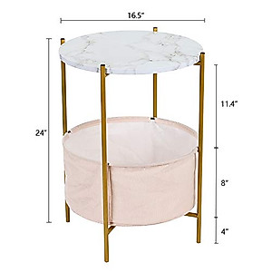 KSWIN Round Storage Side Table, 2-Tier End Table with Fabric Basket Gold Metal Frame, 16'' Faux Marble Top Nightstand Bedside Tables for Nursery Kids Living Room Bedroom, White