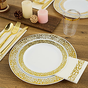 FOCUSLINE 175 Gold Dinnerware Set for 25 Guests, White Plastic Plates with Gold Lace Rim Design, Including 25 Disposable Dinner and Dessert Plates, 25 Silverware Set, 25 Cups, 25 Napkins