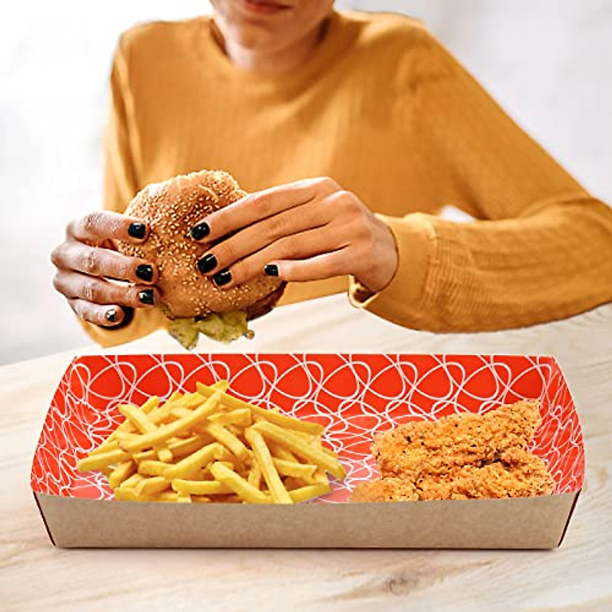 Fasmov 80 Pack Big Food Serving Tray, Lunch or Cafeteria Food Tray, Serving Boats for Nachos, Fries, Hot Corn Dogs, and More, 10.5” x 7.5” x 1.5”