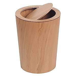 Modern Round Trash Can with Lid,Real Wood Waste Basket in Light Brown,9.25"x7.5"x11.8",8L/2.1Gal Swing Top Small Trash Can, Living Room, Office & Bathroom Den Loft Garden Patio
