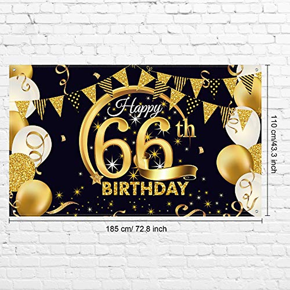 66th Birthday Party Decoration, Extra Large Fabric Black Gold Sign Poster for 66th Anniversary Photo Booth Backdrop Background Banner, 66th Birthday Party Supplies, 72.8 x 43.3 Inch