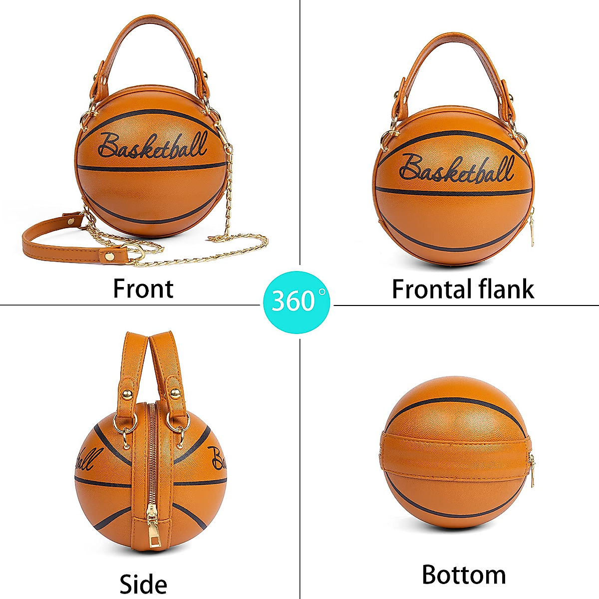 OHIW Women's basketball shoulder bag Messenger Bag handbag mini round bag PU bag, Zipper closure, suitable for women (brown)