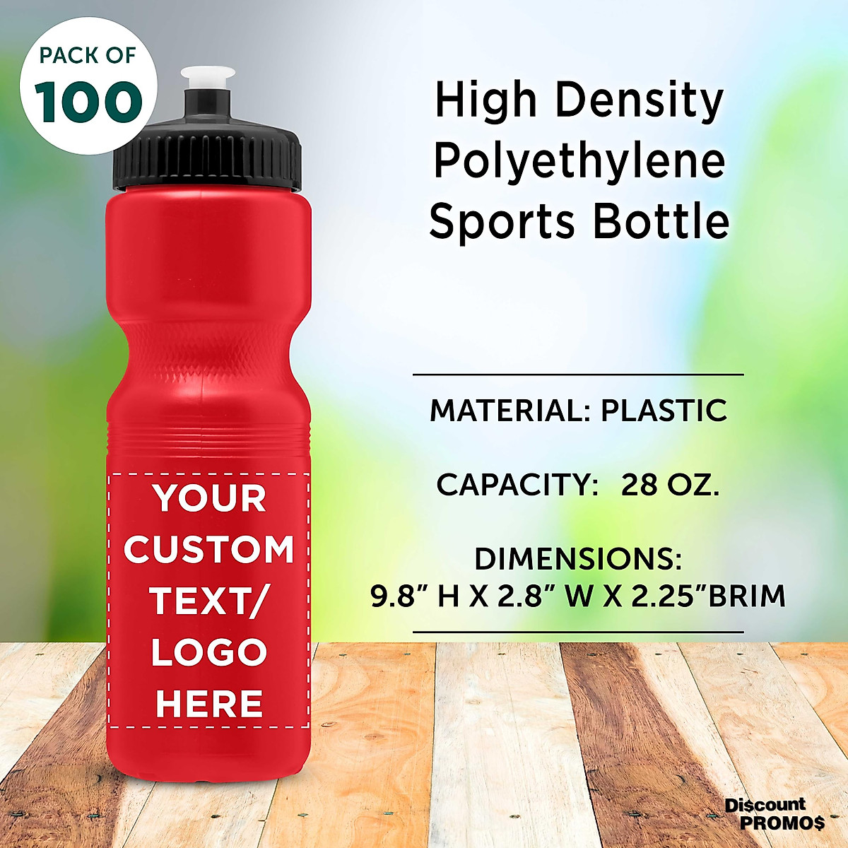 DISCOUNT PROMOS 28 oz. Custom Push Cap Plastic Water Bottles Set of 100, Personalized Bulk Pack - Perfect for Gym, Hiking, Camping, Outdoor Sports -Red