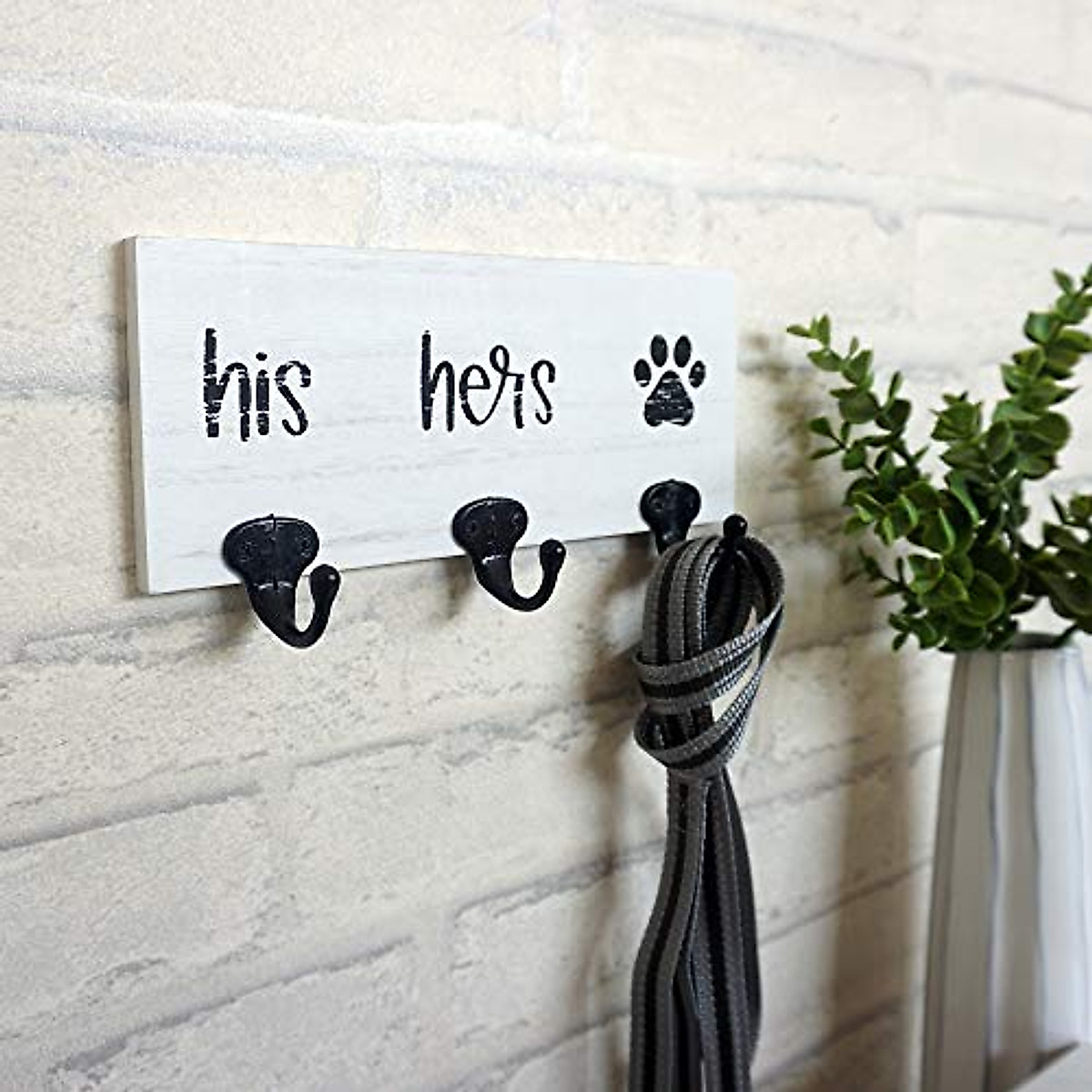Hanna Roberts Decorative Key Holder & Dog Leash Hook Wall Mount for Entry Way, Kitchen, & Mudroom, His Hers & Paw Print Triple Hook, 10" x 2" x 5"