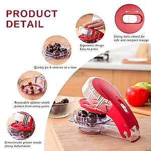 FONNYXK Cherry Pitter Tool - Push-Pull Cherry Seed Remover 6 at a Time - Portable Cherry Pitter Tool Pit Remover with Lock Design - Great Tool for Kitchen, Cake Shop, Fruit Salad (Red)