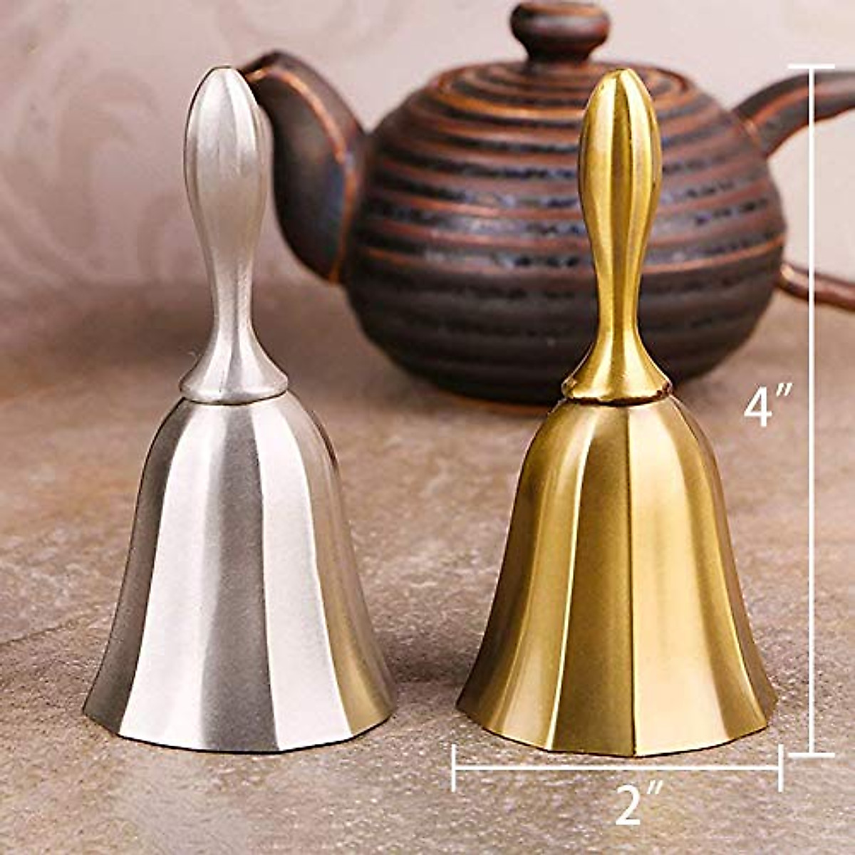 DomeStar Hand Bell, 2PCS Call Bell Wedding Bell Dinner Bell Golden and Pewter Classroom Bell for Kids