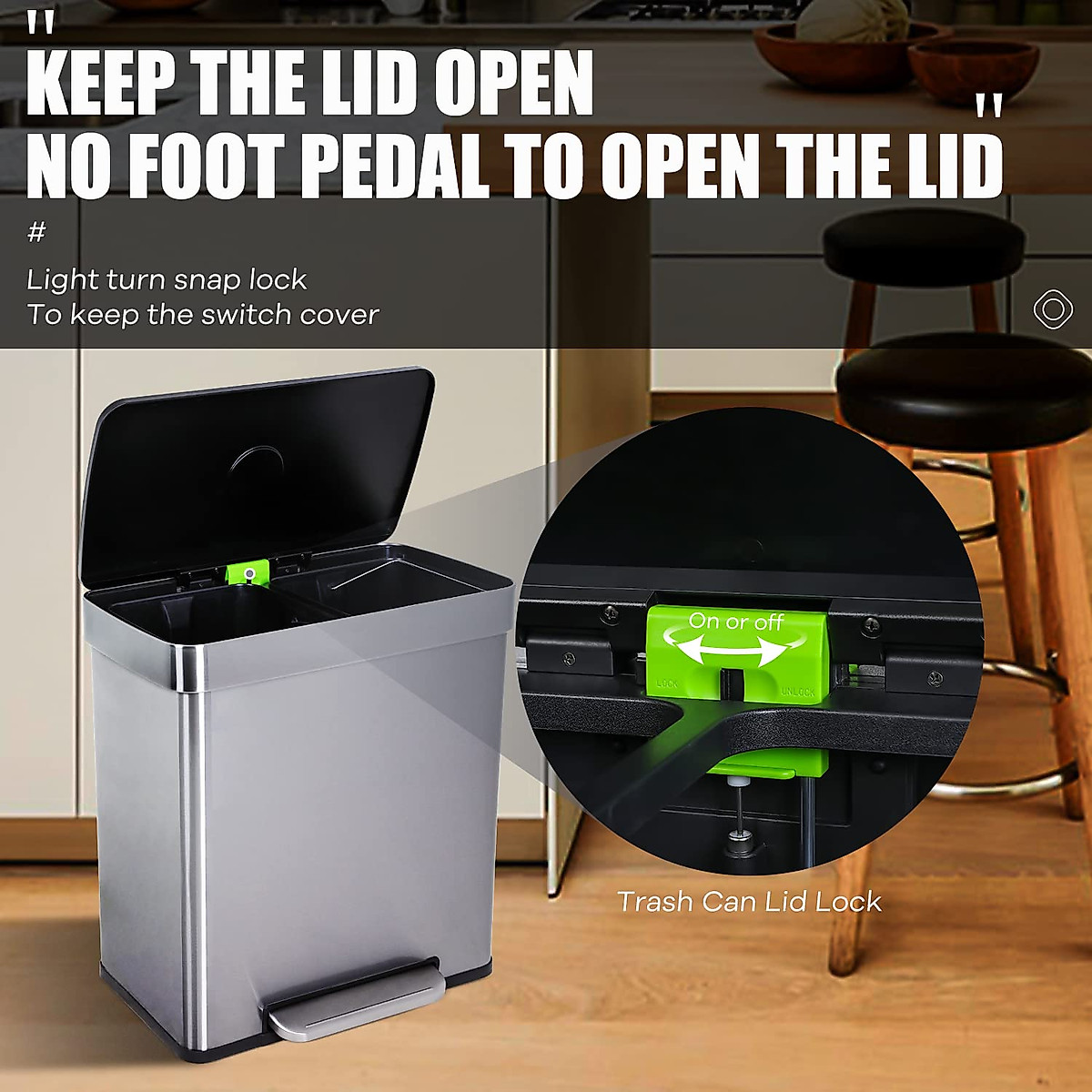 MGHH Trash Can,16 Gallon (2X30L) Dual Garbage Can with Mute Metal Waste Bin, Stainless Steel Double Compartment Classified Recycle Garbage Pedal Dustbin,Suit for Kitchen,Office,Bedroom