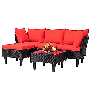 FDW Patio Furniture Sets 5 Pieces Outdoor Wicker Conversation Set Sectional Sofa Rattan Chair for Outdoor Backyard Porch Poolside Balcony Garden Furniture with Coffee Table,Red Cushion