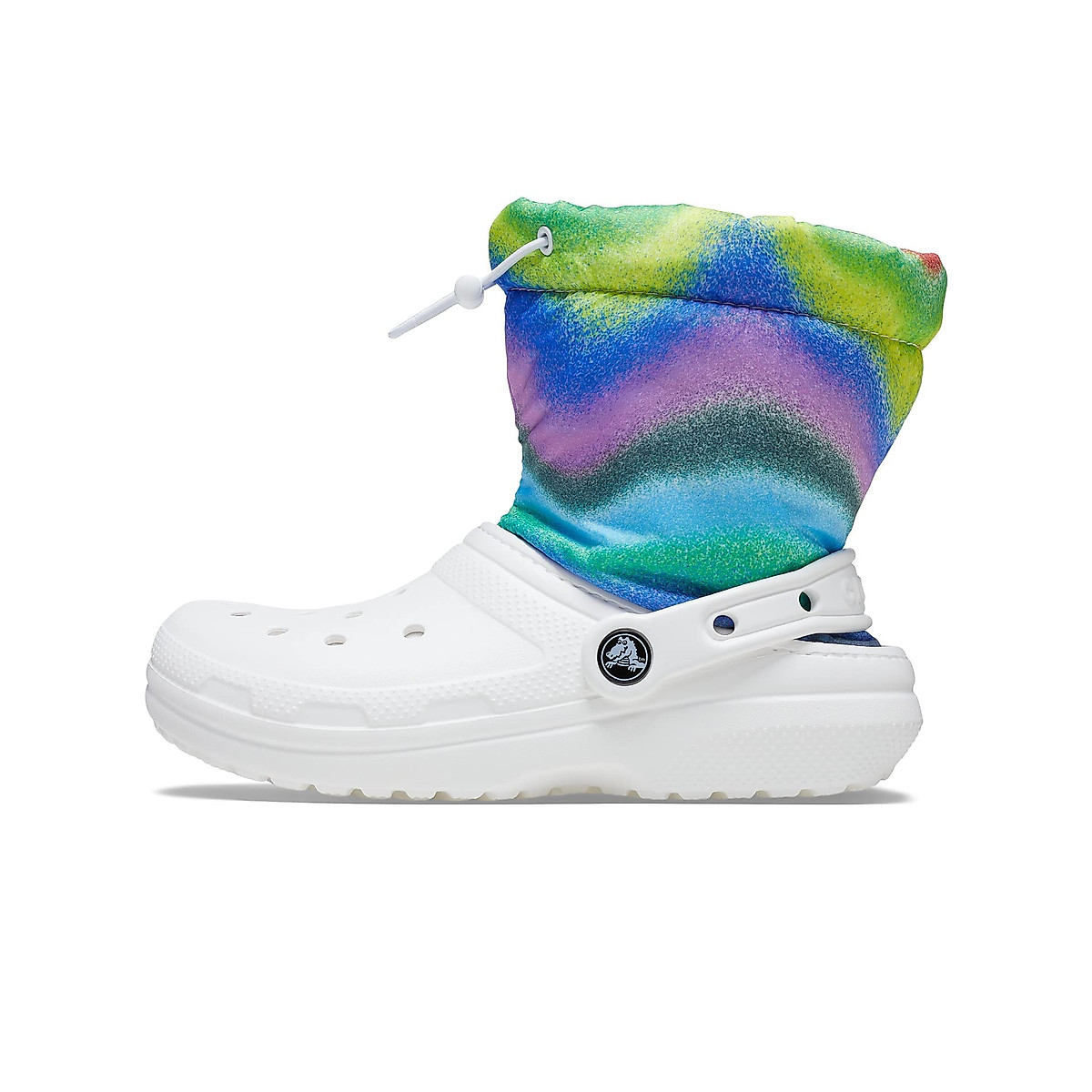 Crocs Classic Lined Neo Puff Fuzzy Winter Boots Snow, White/Multi Spray Dye, 2 US Unisex Little Kid
