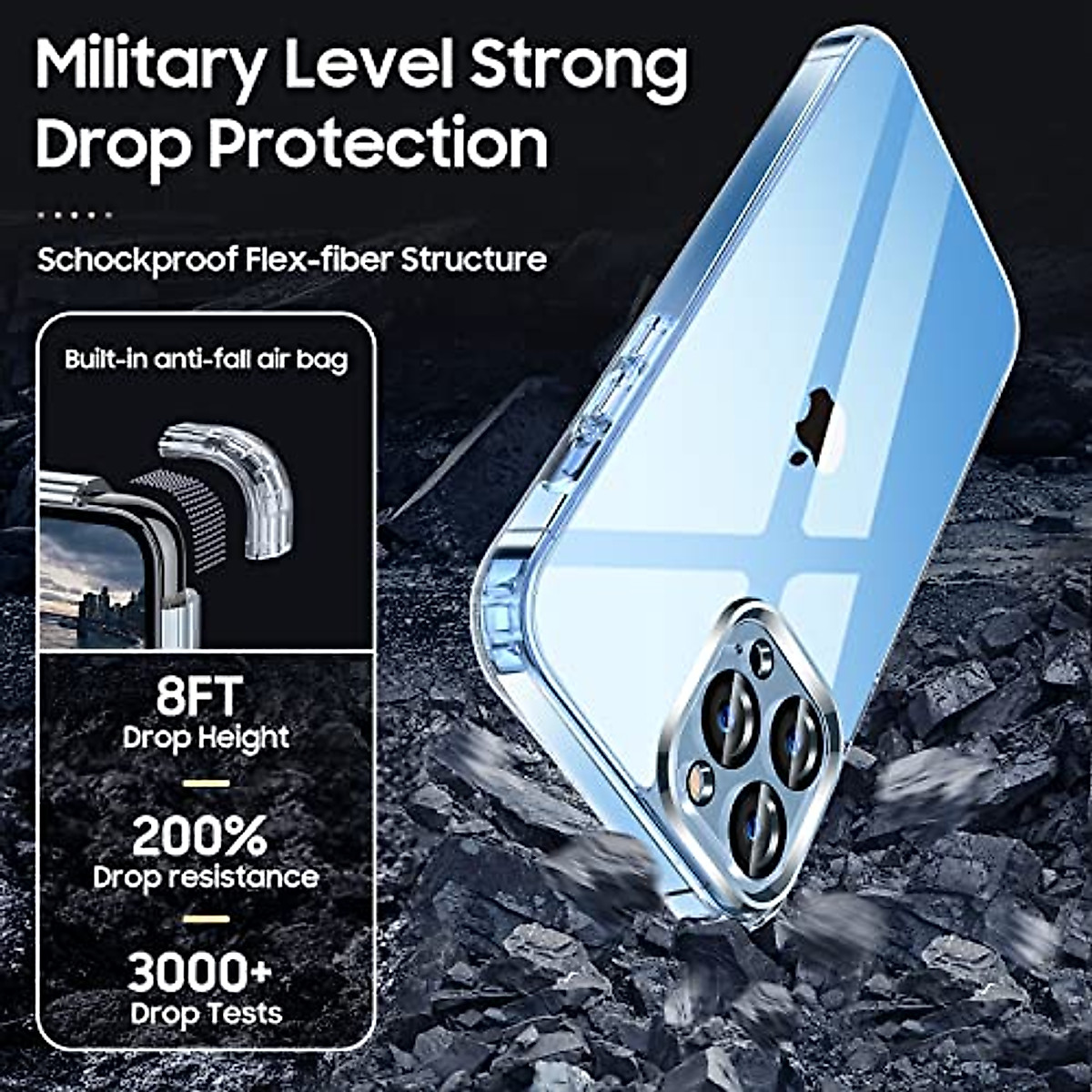 UniqueMe [5 in 1 Design for iPhone 13 Pro Max 6.7 inch Case, 2 Pack Screen Protector Tempered Glass + 2 Pack Camera Lens Protector, [Non-Yellowing] Shockproof Ultra Thin Protective Cover - Clear