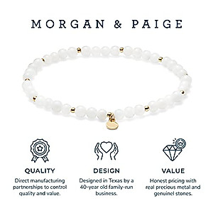 MORGAN & PAIGE 18K Yellow Gold Plated and Genuine Moonstone Gemstone Bronze Accents Beaded Stretch Bracelet, 6.5"