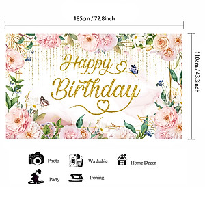 SMENGGIL Florals Happy Birthday Banner Backdrop Flowers Plants Butterfly Photography Background Hanging Pink Gold Green Birthday Party Decoration Supplies for Girls Womens Birthday Decor 72.8*43.3in