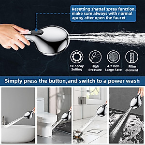 High Pressure Handheld Shower Head 4.7" Large, 10-mode Detachable Shower Head with Hard Water Filter & Adjustable Bracket, Anti-clog & Powerful to Clean Tile & Pets, with 80" Hose - Polished Chrome