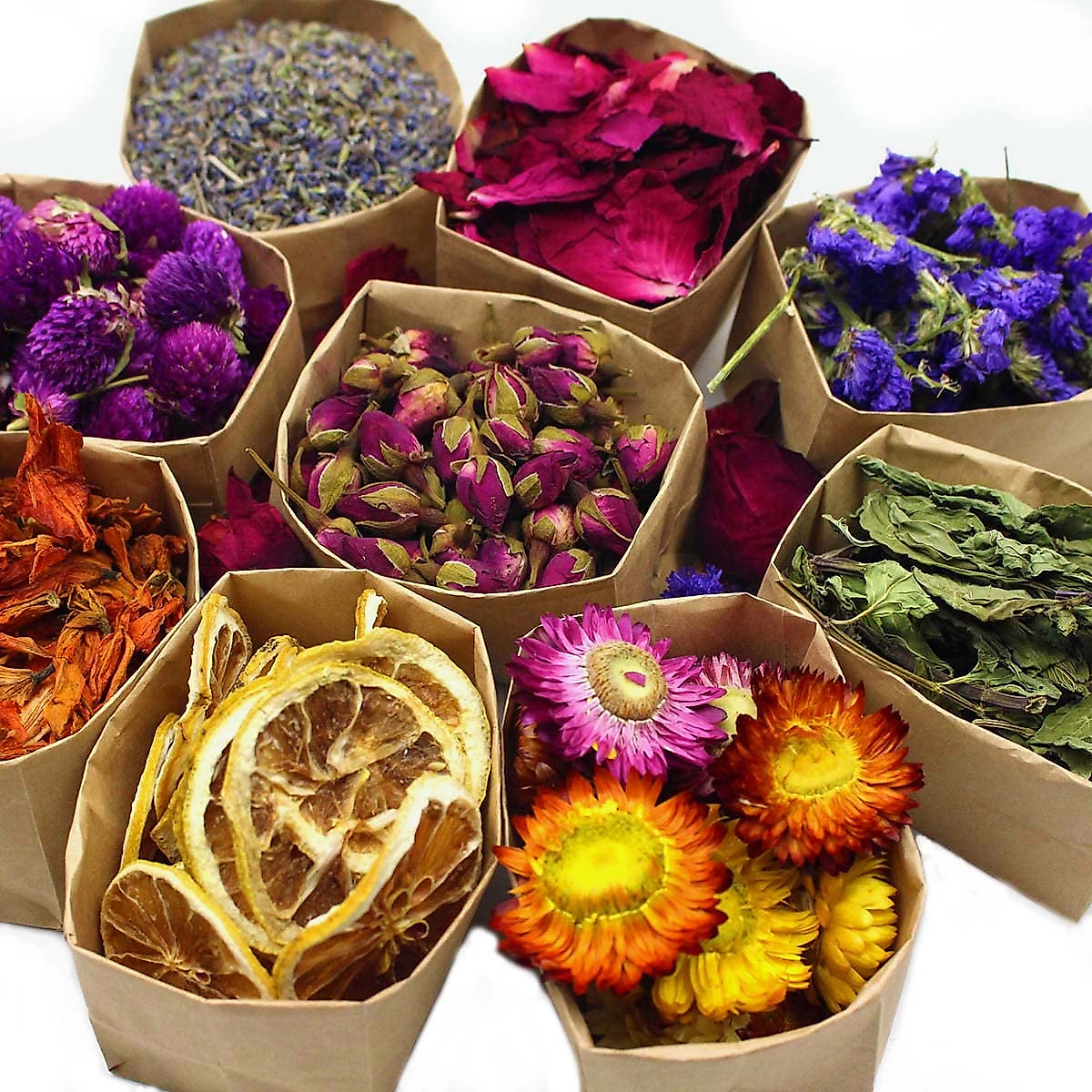 9 Bags Set Dried Flowers - Candle Making Soap Making DIY Candel Natural Flowers-Lemon,Lily,Don't Forget Me,Lavender,Mint Leaf,Rose Petal, Red Rose,Globe Amaranth,Chrysanthemum.