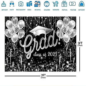 Ticuenicoa 7x5ft Silver Black Congrats Grad Backdrop for Photoshot Class of 2023 Congratulations Graduation Party Decor Silver Photography Background Prom Photo Booth Props Dessert Table Banner