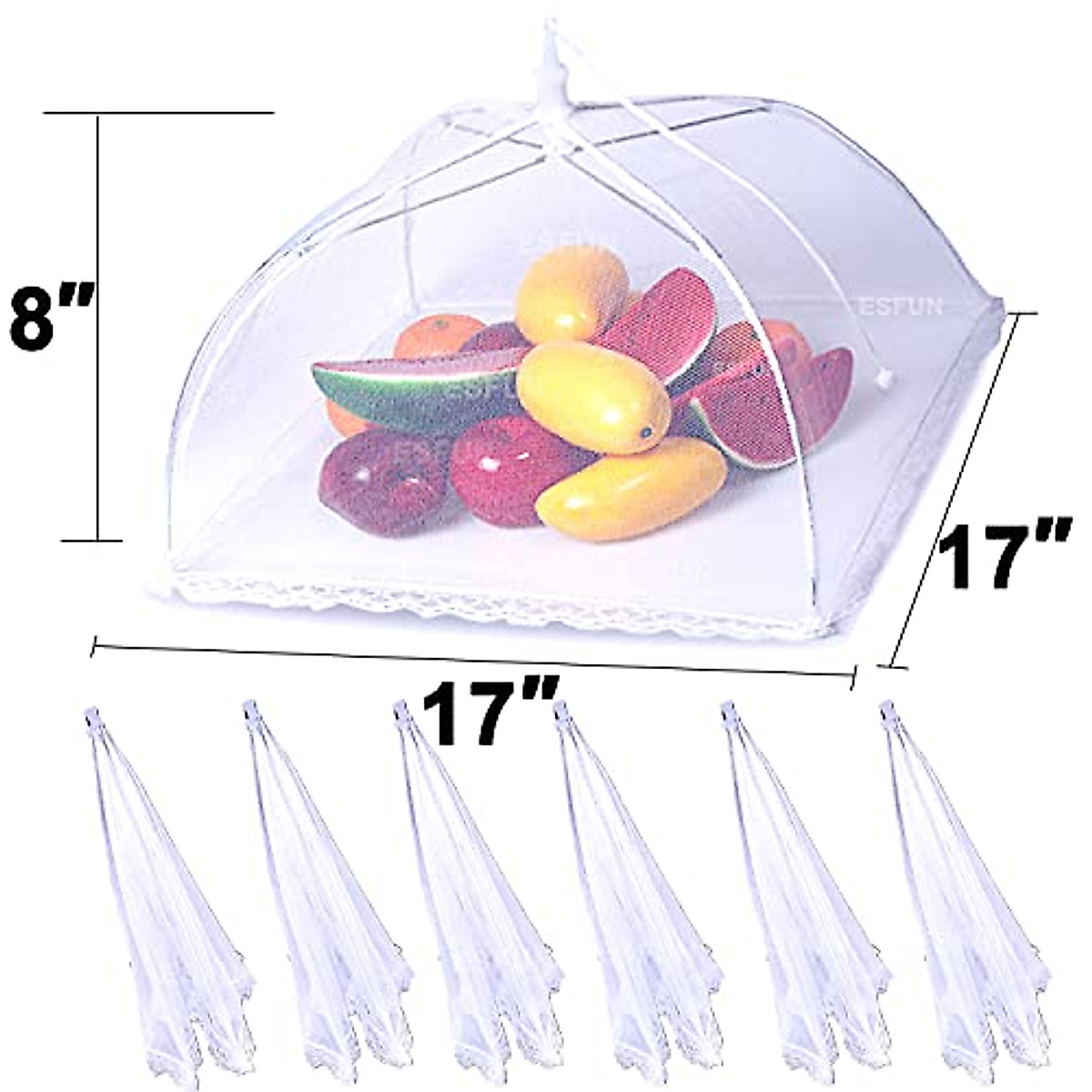 (6 Pack) ESFUN Food Net Covers for Outside, 17"x 17" Large Outdoor Food Cover Mesh Screen Tents Umbrella Fly Food Covers for Picnics, Parties, BBQ, Camping, Reusable and Collapsible