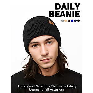 Black Beanie Hats for Men Guys, Warm Winter Hat Snow Skull Caps, Daily Thermal Stocking Caps, Fall Spring Knit Cookies Beanie, Striped Cuffed Beanie for Toboggan Ski Skate Hiking Golf