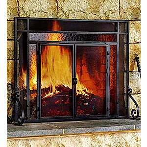 Plow & Hearth Metal Fireplace Screen Glass Flatguard Black | 38" W x 31" H | 2 - Door | Spark Guard Indoor Grate | Iron Fire Place Cover | Wood Burning Stove Decorative Accessories
