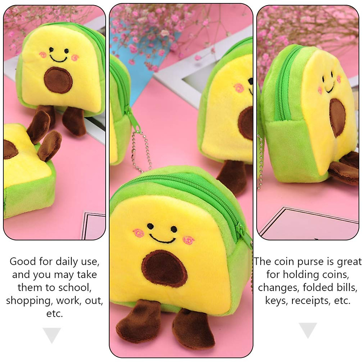 NUOBESTY 4pcs Avocado Plush Purse Wallet Cartoon Fruit Zipper Coin Bag Novelty Handbags Change Purse with Keychain