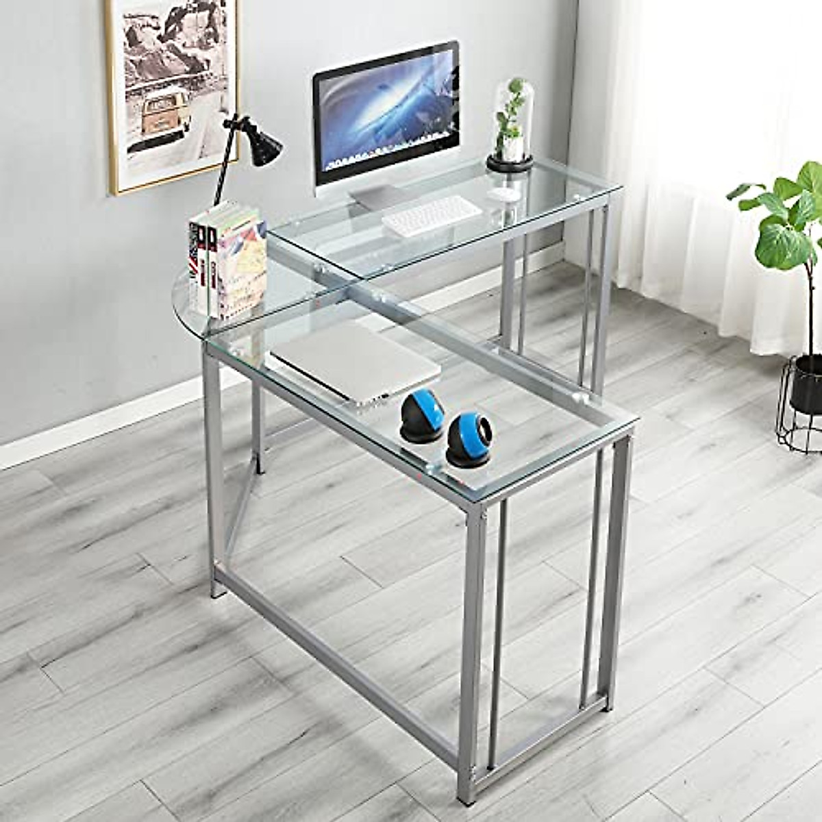SogesHome 39 inches L Shaped Computer Desks, Glass L Desk Home Office Workstation Writing Table, Corner Desk Gaming Desk