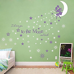 ANFRJJI Fairy Wall Decal "I Love You to The Moon and Back" Fairy Wall Sticker White moon and stars and purple elf fairy text and stars for Girl, Kids Bedroom Wall Decals, Nursery Decor JWH165 (purple