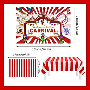 Carnival Theme Party Decorations, Circus Carnival Party Decoration Including Carnival Backdrop,Tablecloth, Latex Balloons and Lion & Popcorn Aluminum film balloon for Party Decorations Supplies