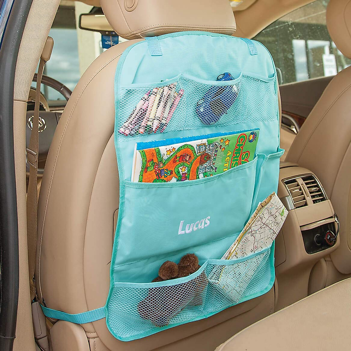 Fox Valley Traders Personalized Children's Back Seat Organizer with Storage Pockets, Customized Smart Travel Car Organizer, Blue