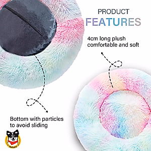 Cat Beds for Indoor Cats - Cat Bed Washable 24 inches, Dog Beds for Small Medium Dogs, Anti Anxiety Round Fluffy Plush Faux Fur Cat Bed, Thick Bottom (Rainbow, Large)
