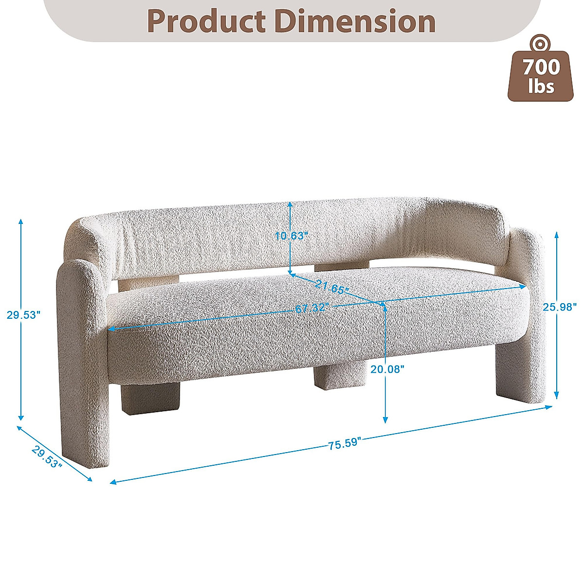 Tmsan Modern 3 Seat Curved Sofa, Upholstered Boucle Accent Sofa, Comfy Small Couch for Living Room, Dining Room, Reception, Beige