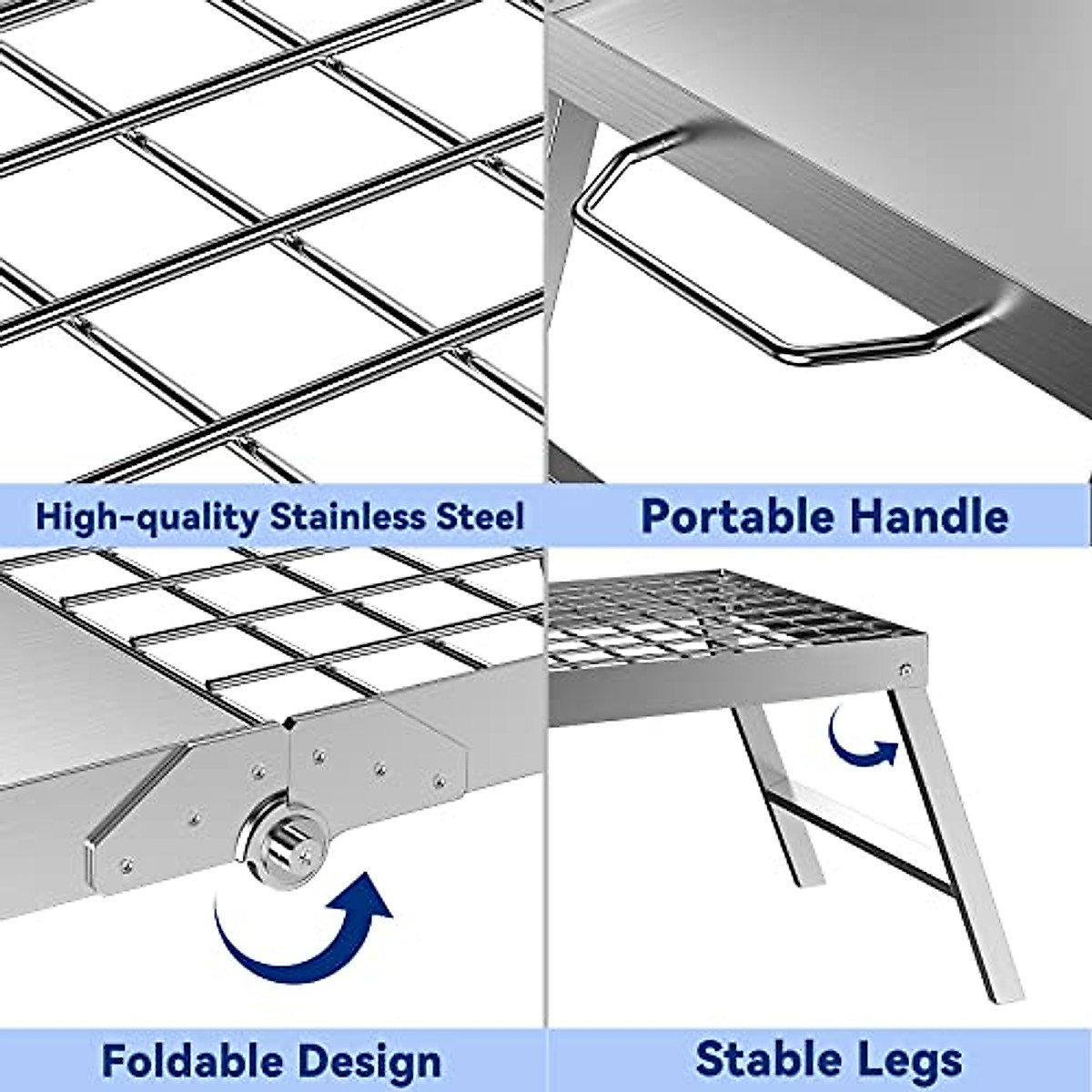 Skyflame Folding Campfire Grill, Portable Stainless Steel Camping Grill Grate and Camp Grill Griddle with Collapsible Legs for Versatile Outdoor Backpacking BBQ Over Fire Pit Cooking