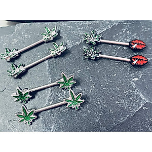 Pierce2GO 3 Pair Set: 1 pair of Silver ad Green 4/20 Symbol Pot Leaf Nipple Rings; 1 pair of Marijuana Weed Nipple rings; 1 pair of Lips Smoking Marijuana Leaf Nipple Rings