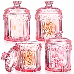 Hushee 4 Pcs Glass Apothecary Jars with Lids, Bathroom Canisters Storage Container Jars Small Glass Jars for Kitchen Bathroom Storage, Cotton Swabs, Cotton Ball, Makeup Sponges