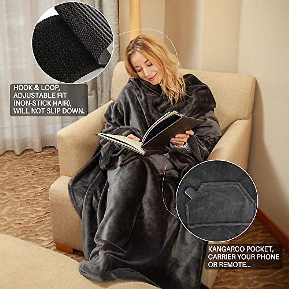Wearable Fleece Blanket with Sleeves & Foot Pocket for Adult Women Men,Lightweight Soft Plush TV Blanket Wrap Throw with Sleeves and Adjustable Hook & Loop 79" x 67" Charcoal (Kangaroo Pocket)