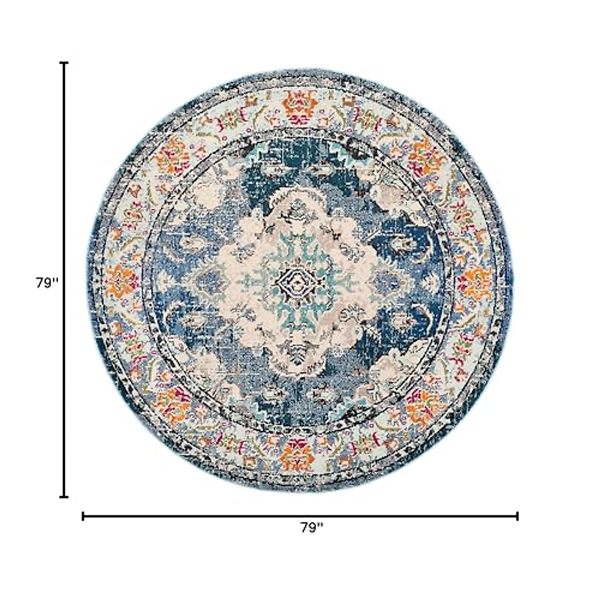 SAFAVIEH Monaco Collection Area Rug - 6'7" Round, Navy & Light Blue, Boho Chic Medallion Distressed Design, Non-Shedding & Easy Care, Ideal for High Traffic Areas in Living Room, Bedroom (MNC243N)