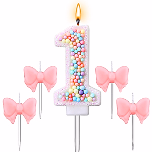Conelist 6 Pcs 1 Birthday Candle Macaron Glitter 3D Number 1 Candles for First Birthday 2.95 Inch 1st Birthday Cake Topper with Pink Bow Shaped Candle for Party Wedding Anniversary Decoration
