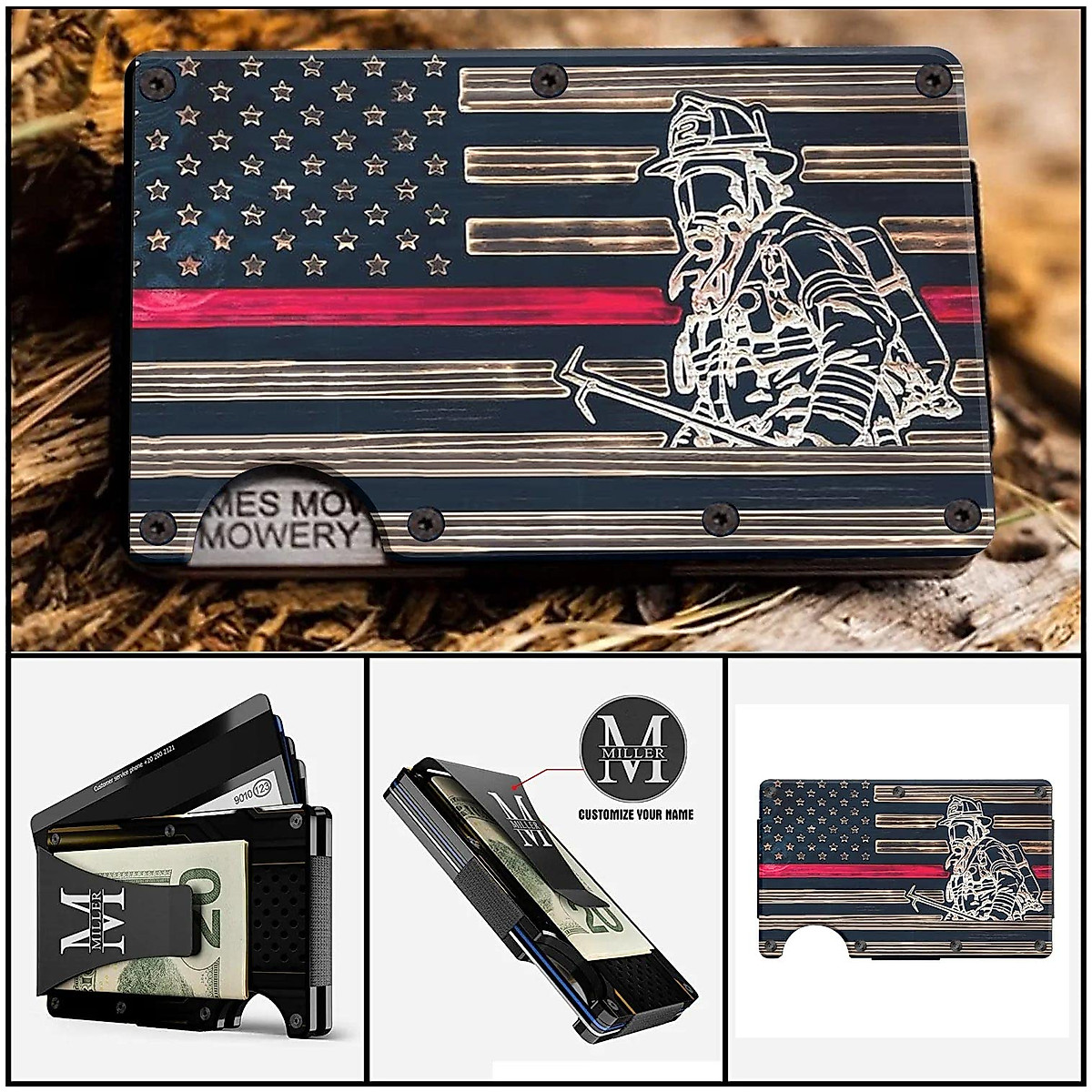 MIKENCO Firefighter Gifts for Men Fire Wallet Helmet Fireman Tools Fighter Dept Department Card Holder Metal Aluminum Firefighter Wallet