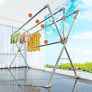 Retractable Heavy Duty Stainless Steel Laundry Drying Racks, Clothes Drying Racks Outdoor, Foldable Portable Space Saving Clothes Drying Rack, 3 Pole Drying Rack,With Sock Clip ( Color : Silver , Size