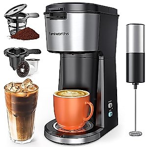 Famiworths Iced Coffee Maker with Milk Frother, Hot and Cold Single Serve Coffee Maker for K Cup Pod and Ground, Compact Coffee Machine 2 in 1 with Descaling Reminder and Self Cleaning