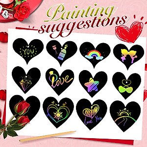 28 Pieces Valentine Crafts Scratch Paper Ornaments Heart Shape Rainbow Scratch Craft Art, with 28 Pieces Wooden Styluses,28 Pieces Ribbons, and 2 3D Puffy Stickers, for Valentine DIY Art Decorations