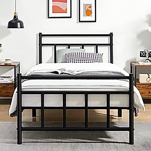 GreenForest Twin Bed Frame with Headboard Metal Platform Bed for Boys Girls Single One Noise-Free Heavy Duty Steel Slats Support Mattress Foundation Saving Space, No Box Spring Needed, Black