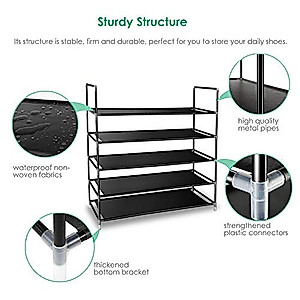 5 Tiers Shoe Rack Space Saving Shoe Storage Organizer Shoe Tower Cabinet Stackable Shelves 39.75 L x 11.13 W x 38.5 H InchesHolds 20-25 Pairs (Black)