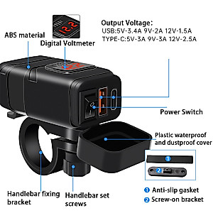 Ankuee Motorcycle USB Phone Charger, Waterproof SAE to USB Adapter with Voltmeter & ON/Off Switch, Dual Quick Charge 3.0 Charger, Motorcycle Accessories for Phone, Tablet, GPS, etc (Red)