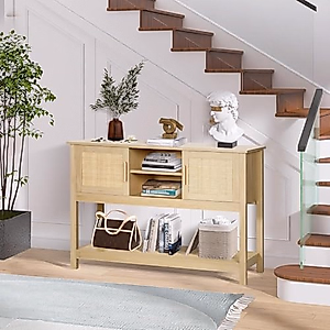 LAZZO Rattan Console Table 47" Narrow Entryway Table Sofa Table Behind Couch Table Coffee Bar with 2 Door Cabinets, 2 Drawers and Open Storage Shelf for Living Room, Foyer and Hallway Natural Wood