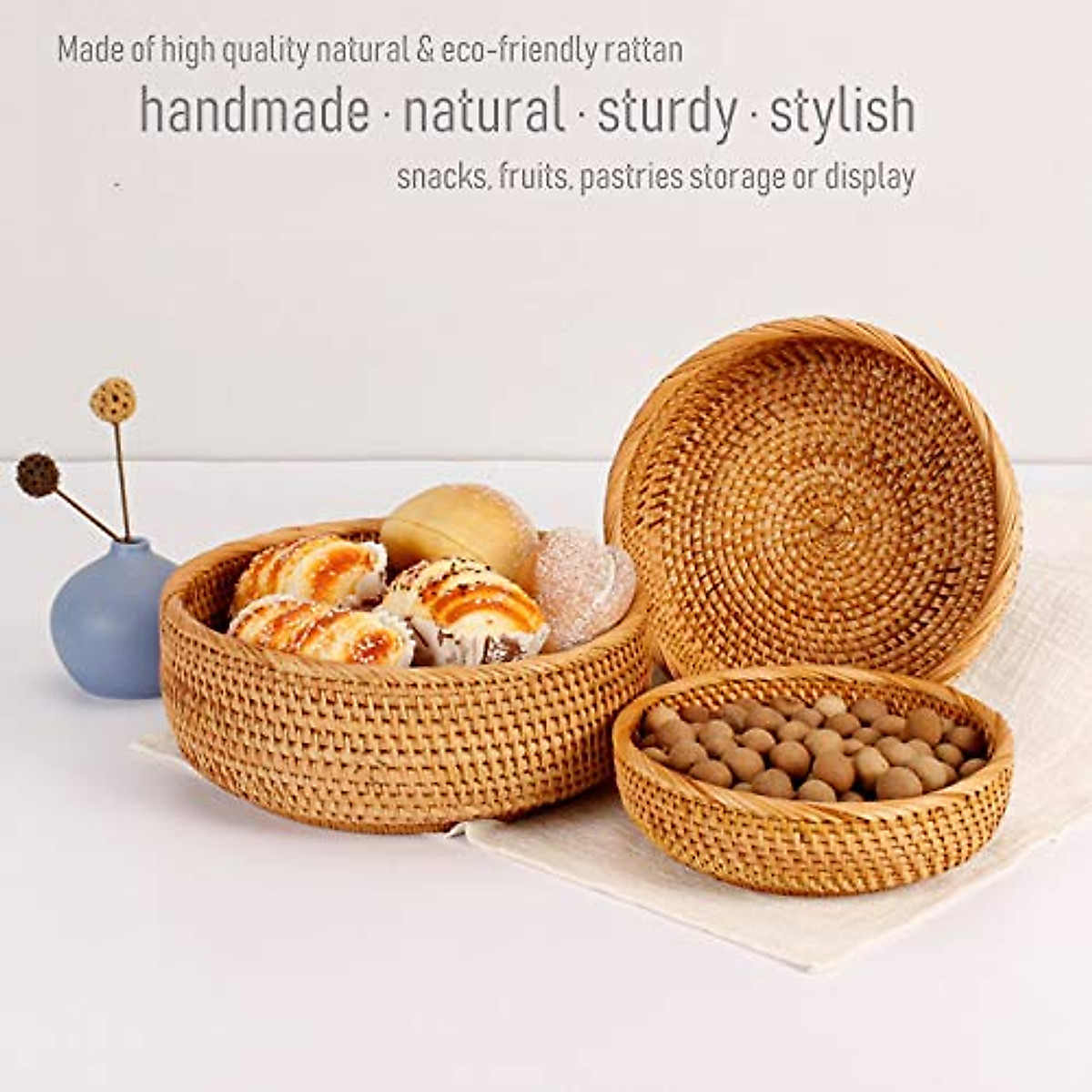 AMOLOLO Hadewoven Round Rattan Fruit Basket Wicker Food Tray Weaving Storage Holder Dinning Room Bowl, 10 Inch Woven Bread Basket Key Bowls with 4”Wall for Table, Countertop (Large 9.8")