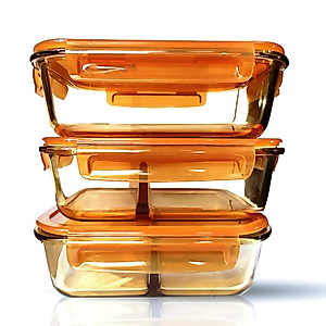 Glass Meal Prep Containers - 1, 2 & 3 Compartment (3 Pack, 36 oz), Reusable Glass Food Storage Containers with Lids, Bento Box Glass for Meal Prep